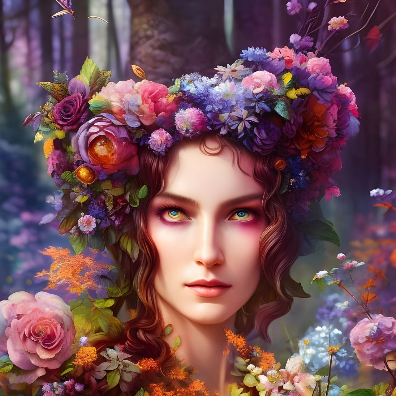 “close-up portrait of a fairy in an Enchanted Forrest, colorful Trees ...