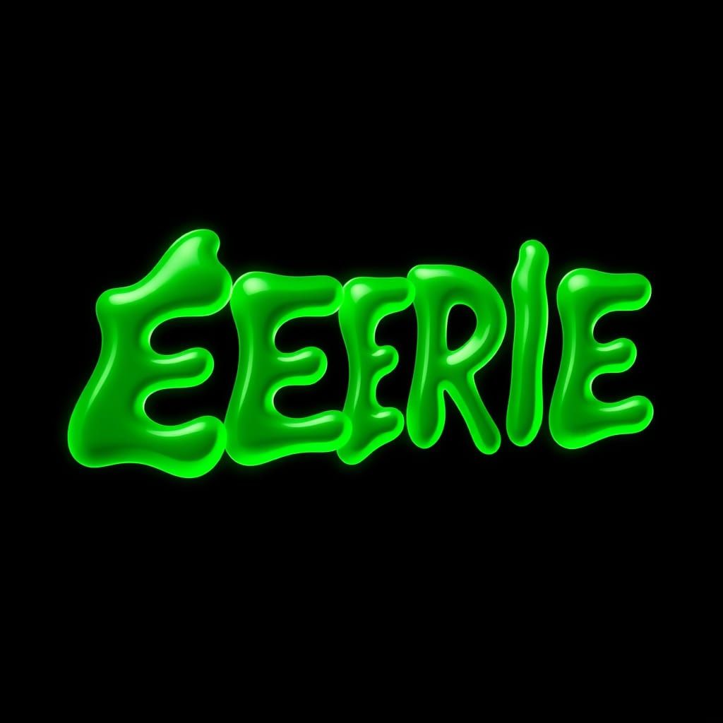 The word “EERIE” in neon green liquid font where the letters appear to ...
