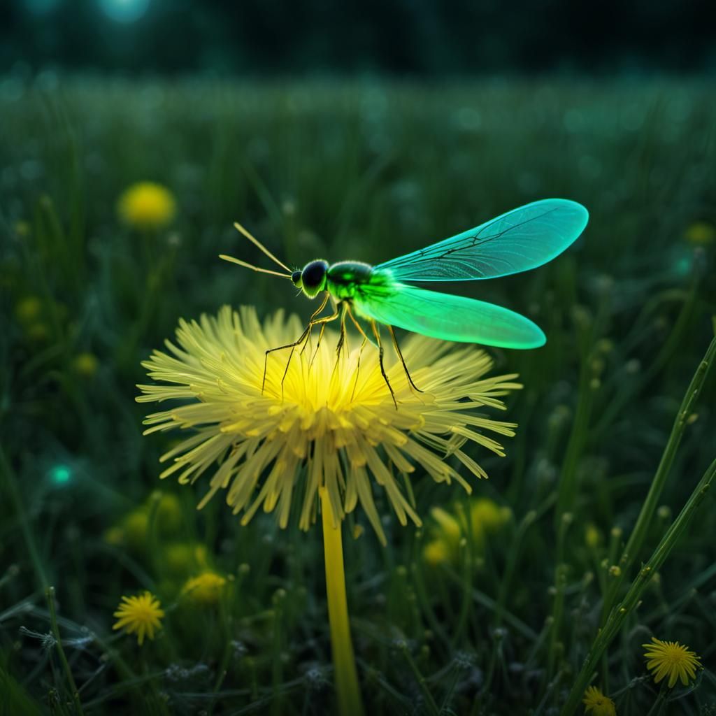 a firefly with green glowing tail end, green bioluminescence sitting on ...