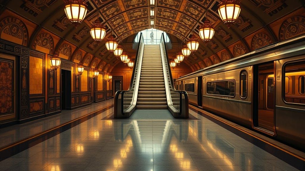 Elegant Art Deco Subway Platform in Opulent Golden... - AI Art
