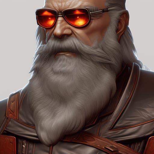80 years old Duke Nukem with full grey beard and long hair, head and ...