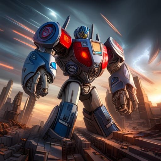 a dark futuristic giant cyborg transformer bot battling in a bot war ...