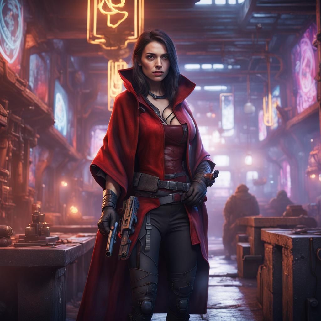 Brunette attractive female wizard in a cyberpunk setting wearing a red ...