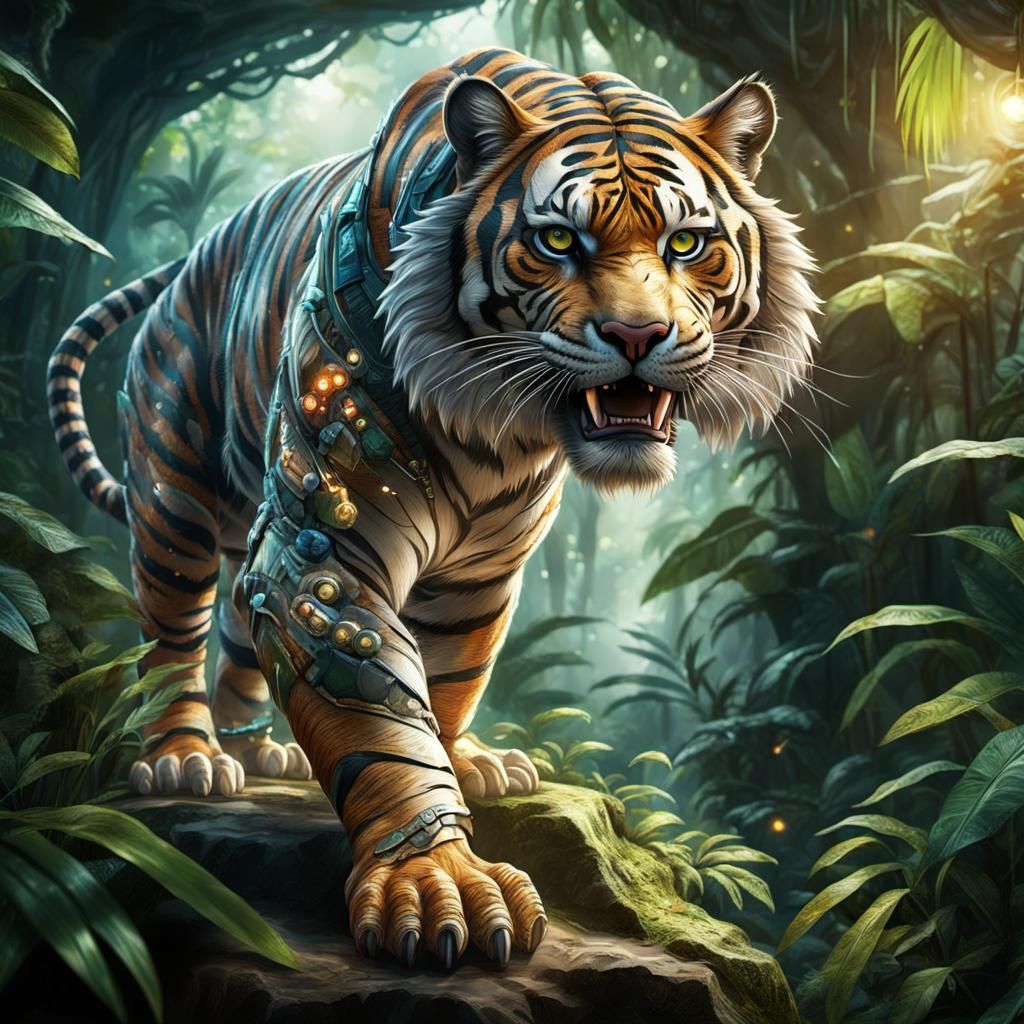 Tritium energizing concept art: Mayan tiger in the jungle, showing teeth, beautiful ...