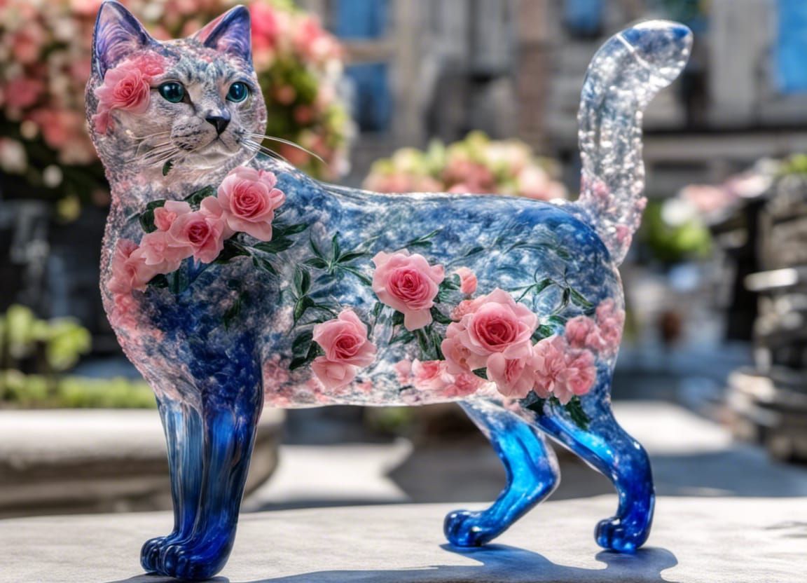 Cobalt Cat in glass with Pink roses - AI Generated Artwork - NightCafe ...