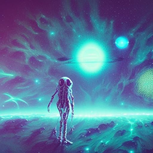 Alien standing on a moon looking out at his planet - AI Generated ...