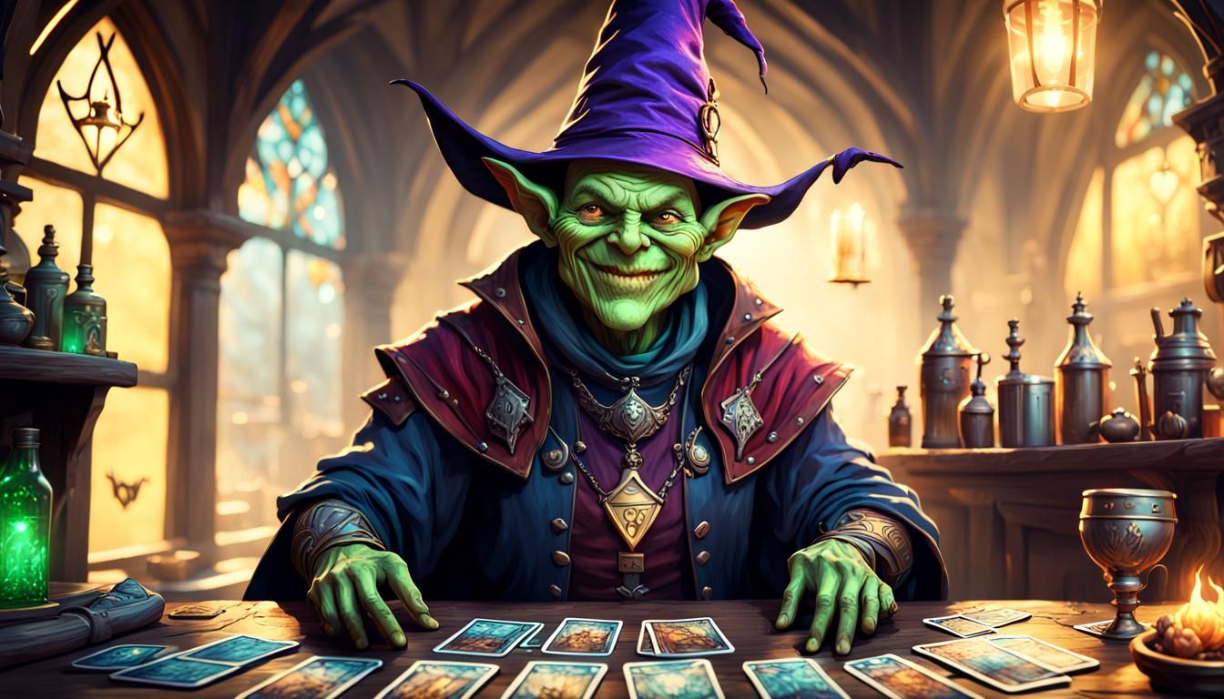 medieval fantasy well dressed happy human wizard playing colorful tarot ...