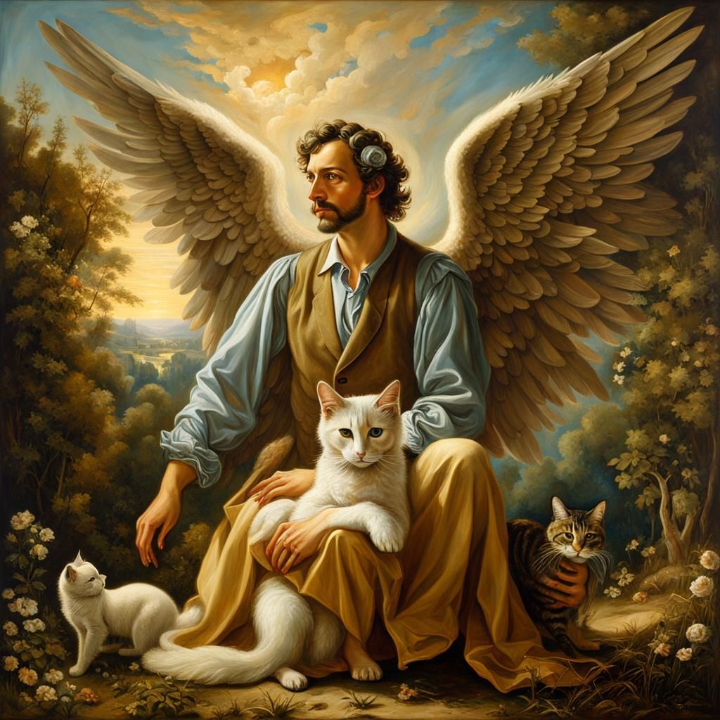 Wonderful elemental Angel with his wonderful cat / dreamlike magic ...