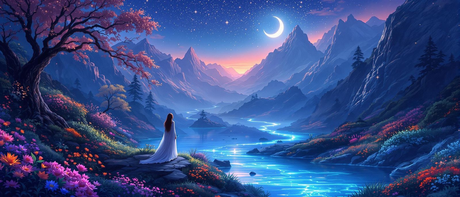 Ethereal Mountain Valley at Dusk in Vibrant Blues ... - AI Art