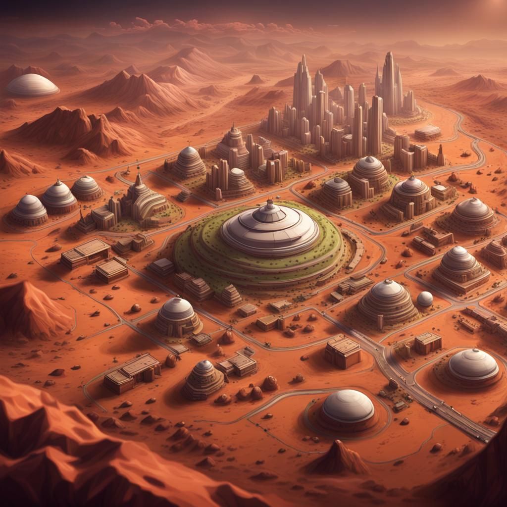 2d town planning of a civilization in mars with some vegation top view ...