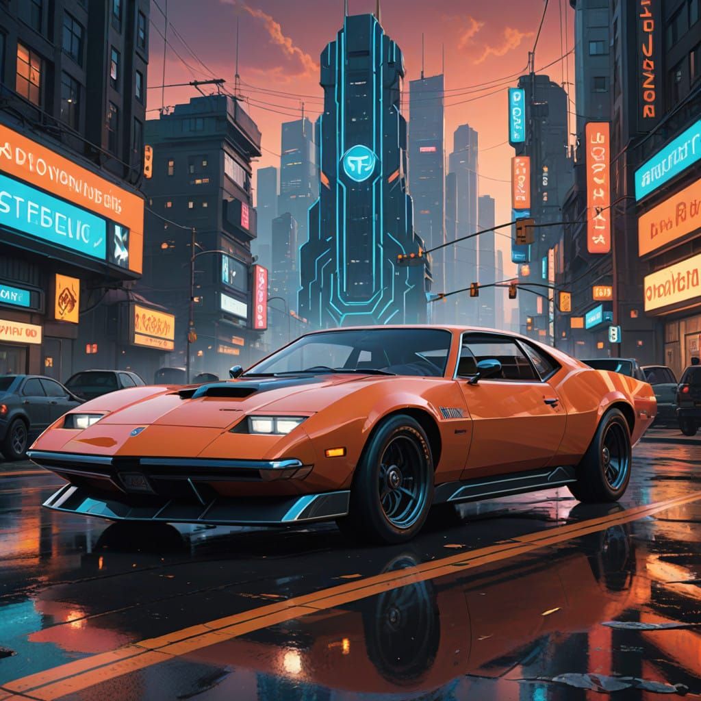 Comic Car - Retro-Futuristic Hero Speeds Through Neon Metrop...
