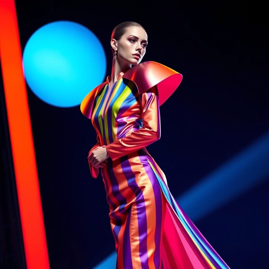 Elegant Futuristic Couture with Neon Stripes and L... - AI Art