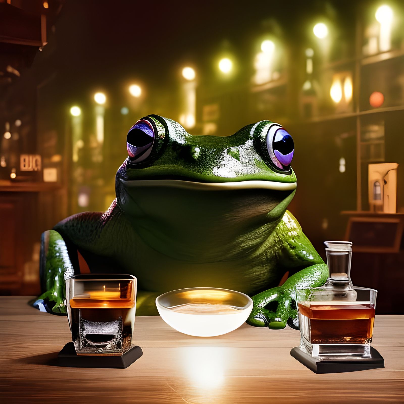 Frog as a noir detective heavy drinking whiskey at night café despair ...