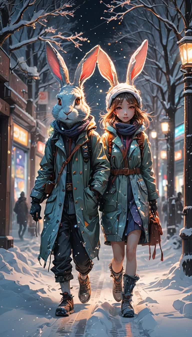 Cyber rabbit boy and girl going home walking through the snow sparkling ...