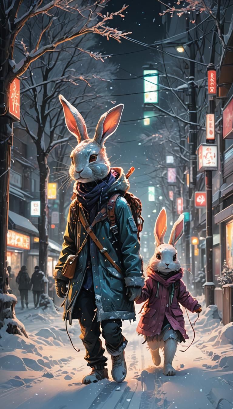 Cyber rabbit boy and girl going home walking through the snow sparkling ...