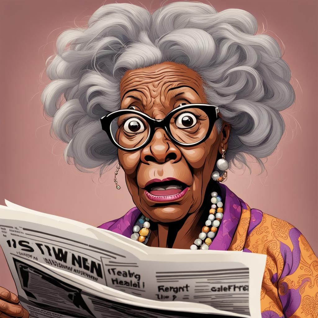 a comical african elderly lady with loads of hair, big glasses, reading ...