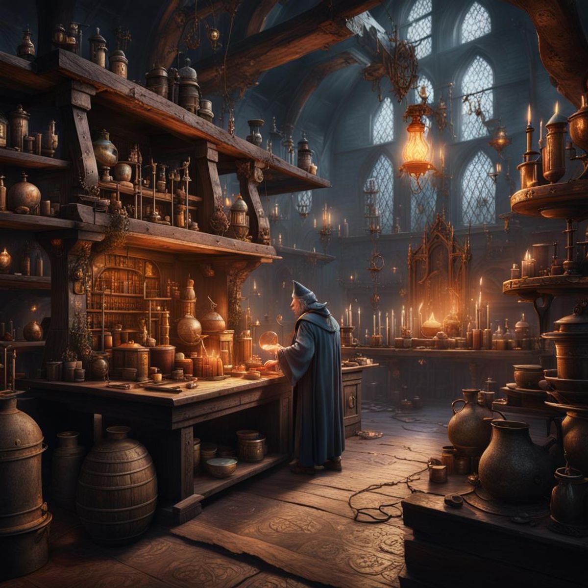 a medieval lab with an ancient wizard performing alchemy experiments ...