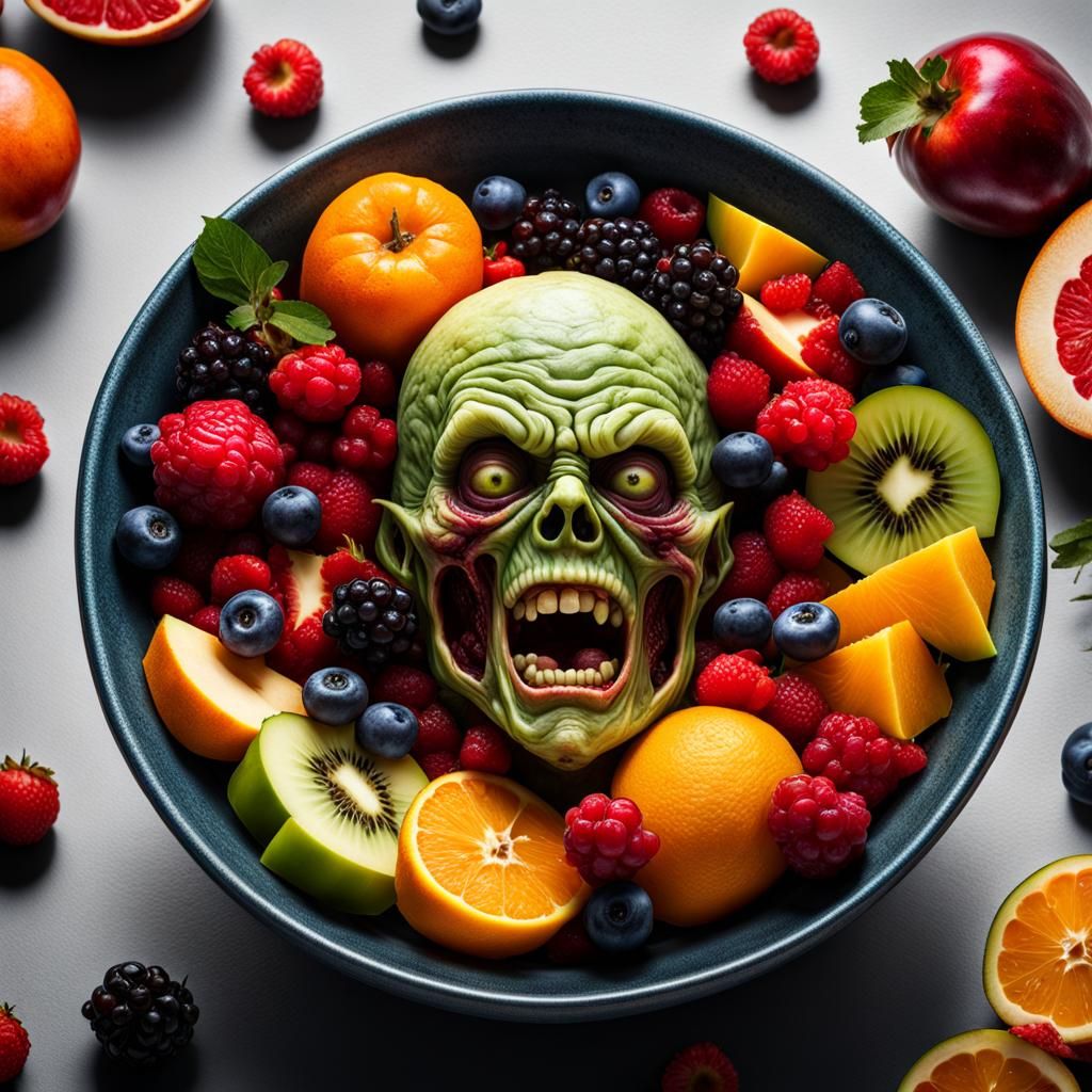 A zombified face in a bowl of fruit salad, food photography, zombie ...