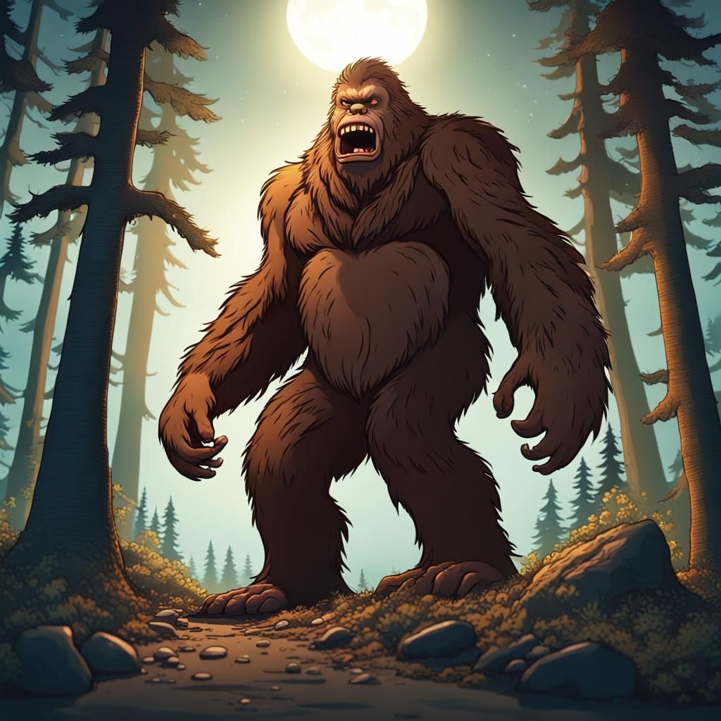 Cartoon bigfoot giving a big roar in the forest at night with a full ...