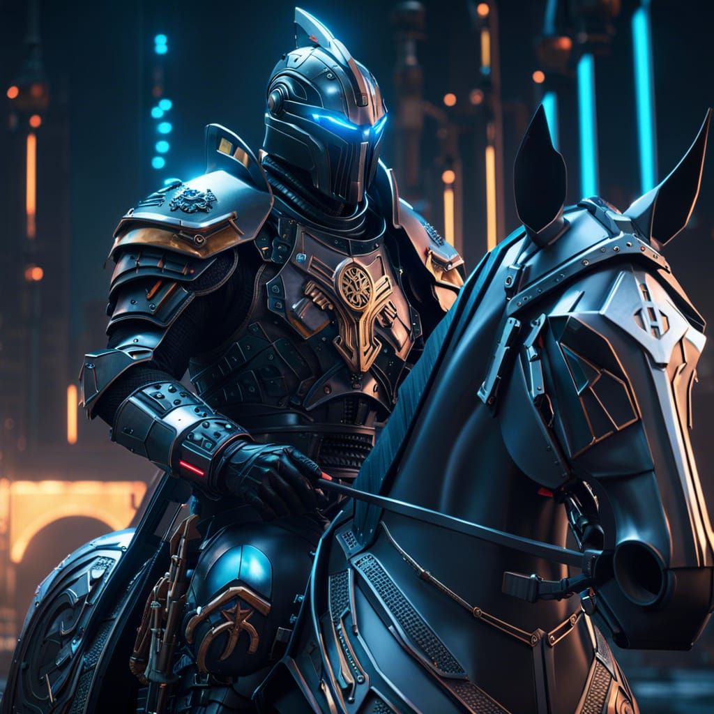 A sci-fi cyberpunk Templar knight on horseback, 8k resolution, hyper ...