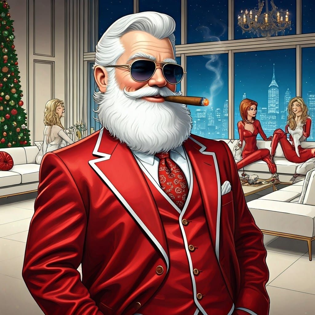 Cheeky Santa Smirks in Silk Suit, Surrounded by Su... - AI Art