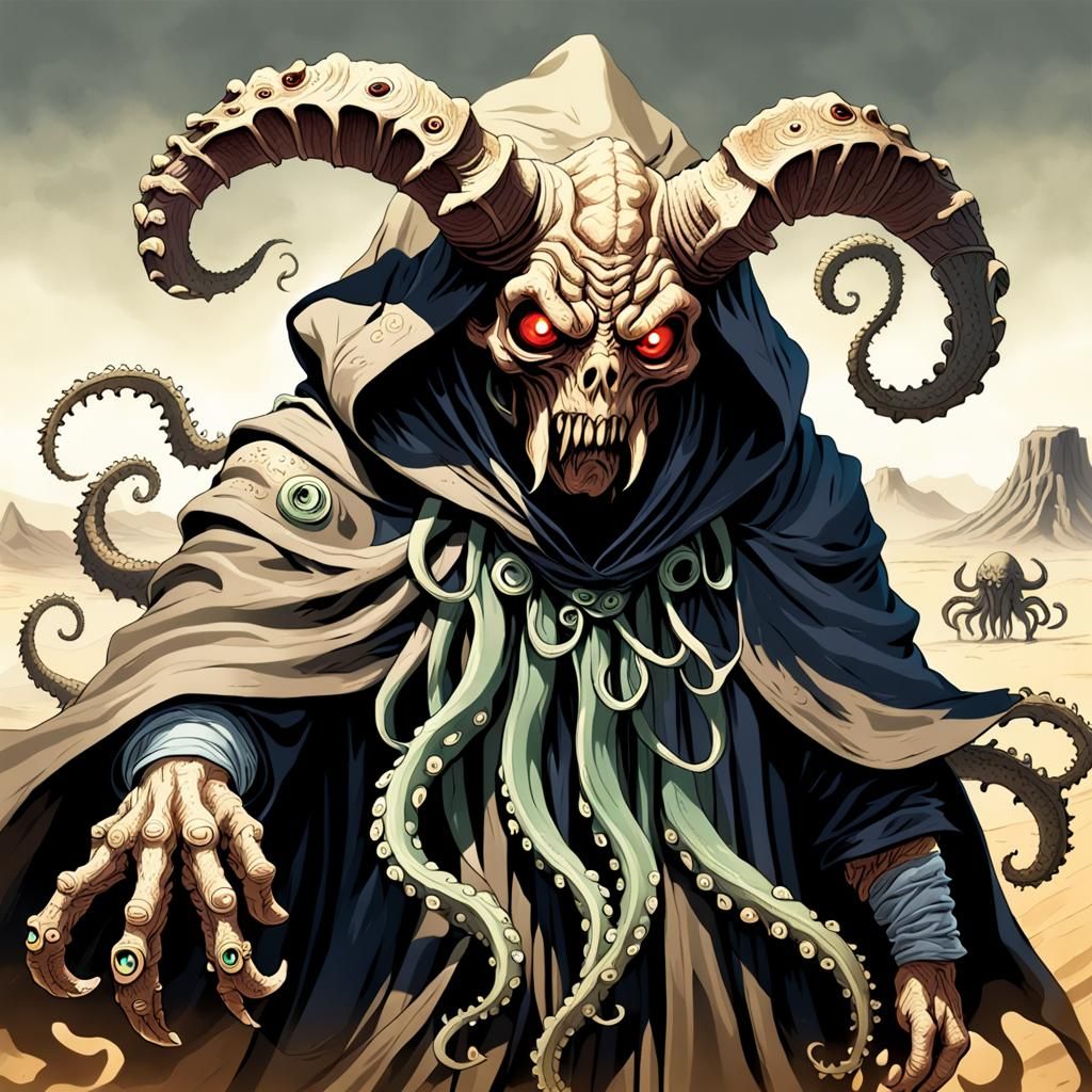 (minotaur), hands on creature replaced by tentacles, cloak tattered and ...