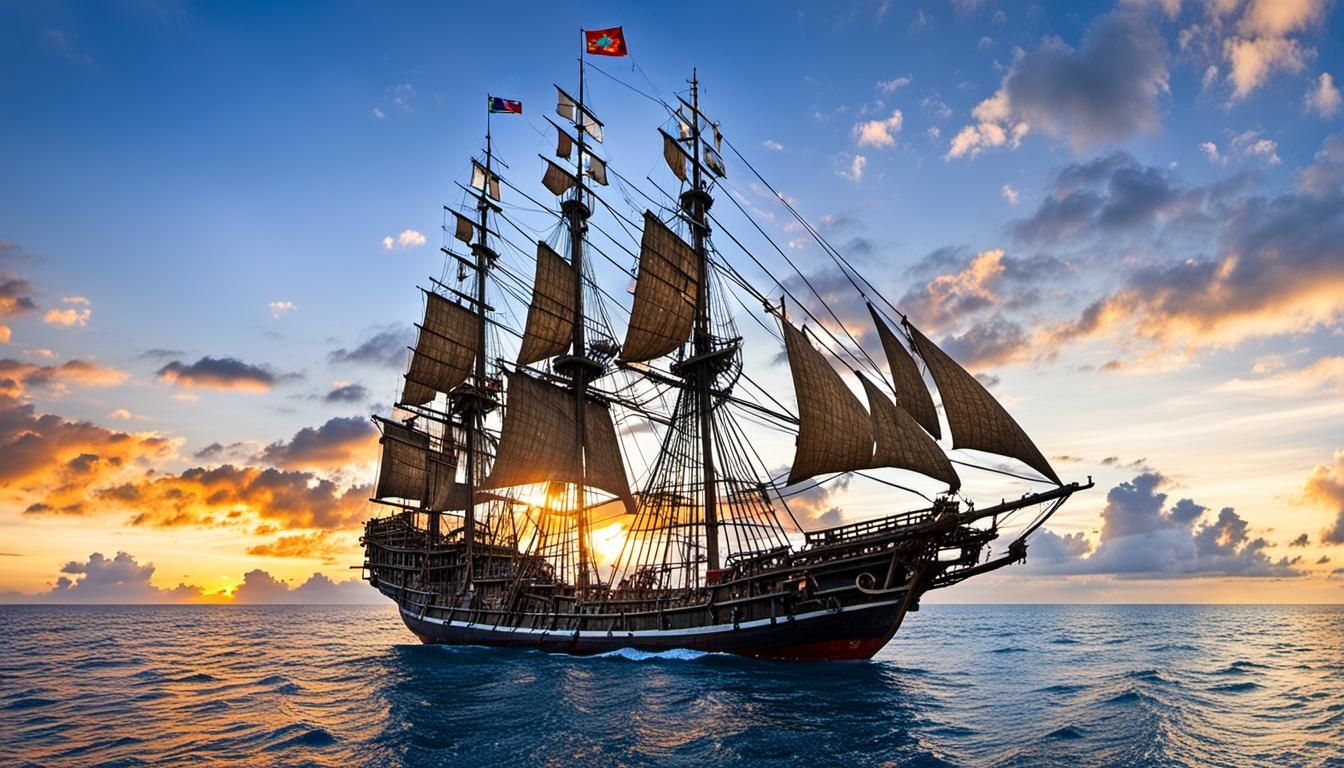 Chinese sailing ship junk off the coast of a tropical island at sunset ...