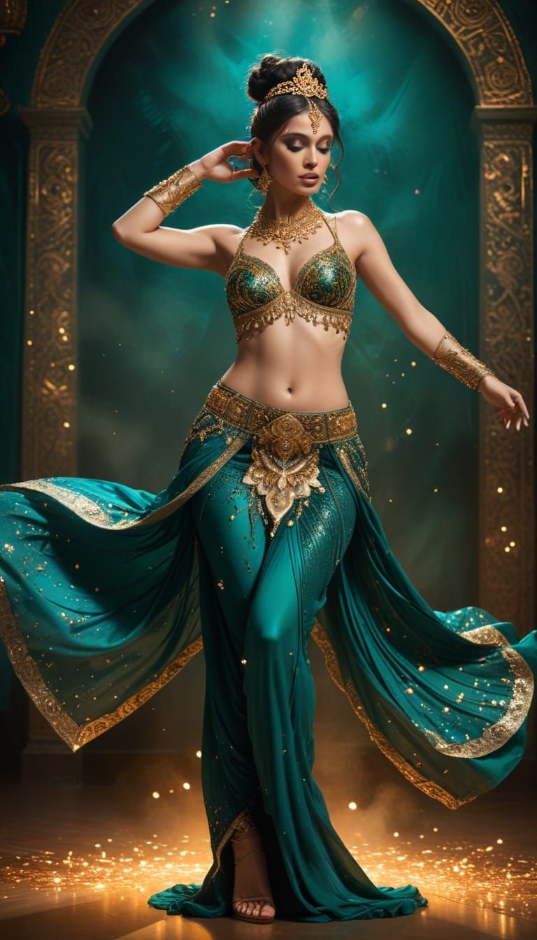 A hyper-realistic shot of a breathtaking belly dancer posed sensuously ...