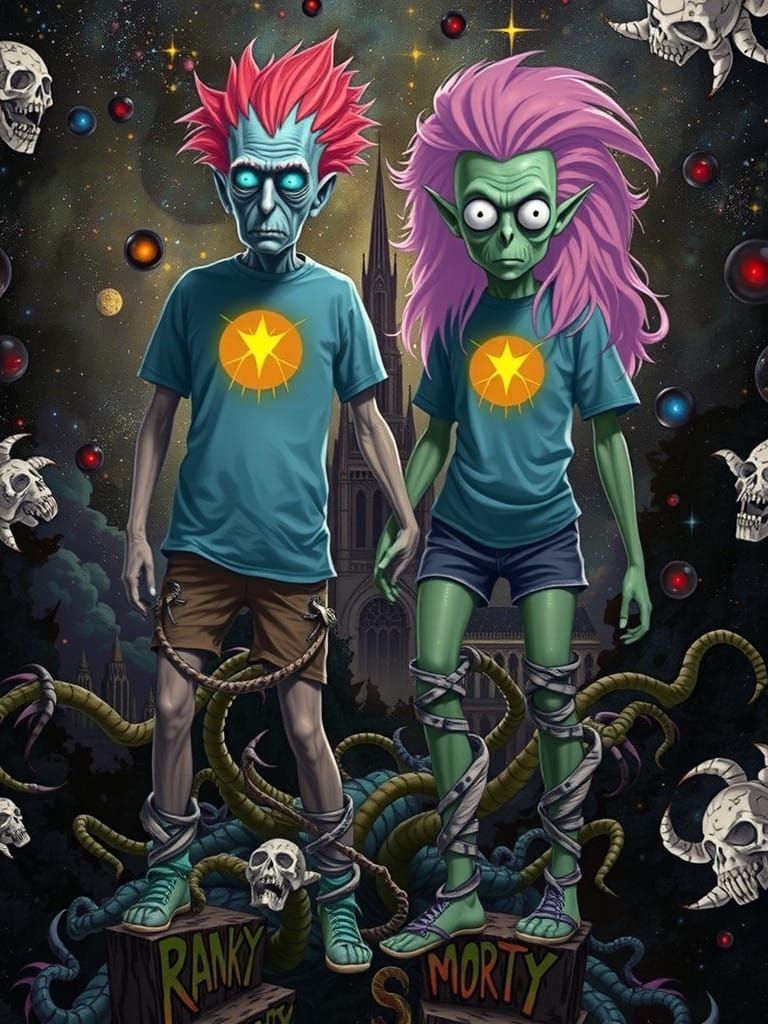 Two aliens holding hands, one with teased messy tall pink hair, one ...