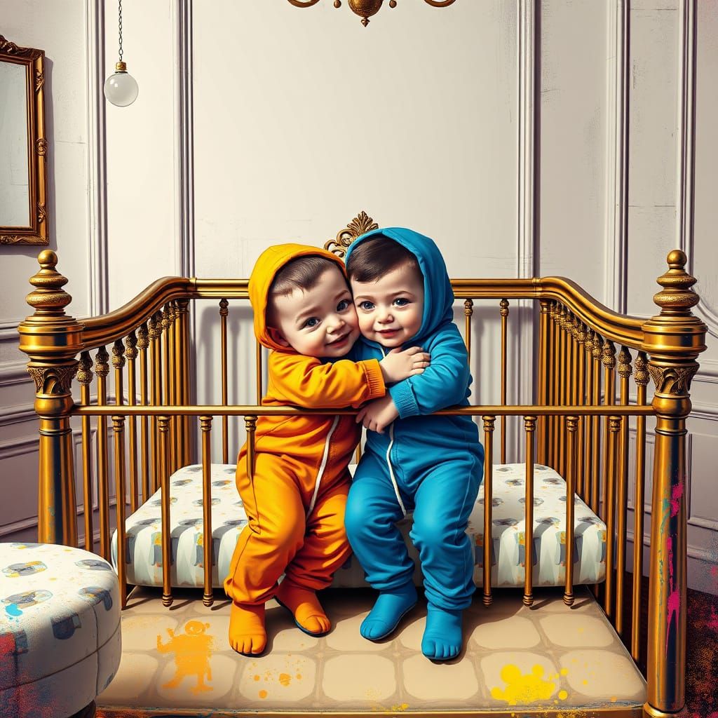 Two Brothers in a Dreamlike Mansion Crib Scene, Gr... - AI Art