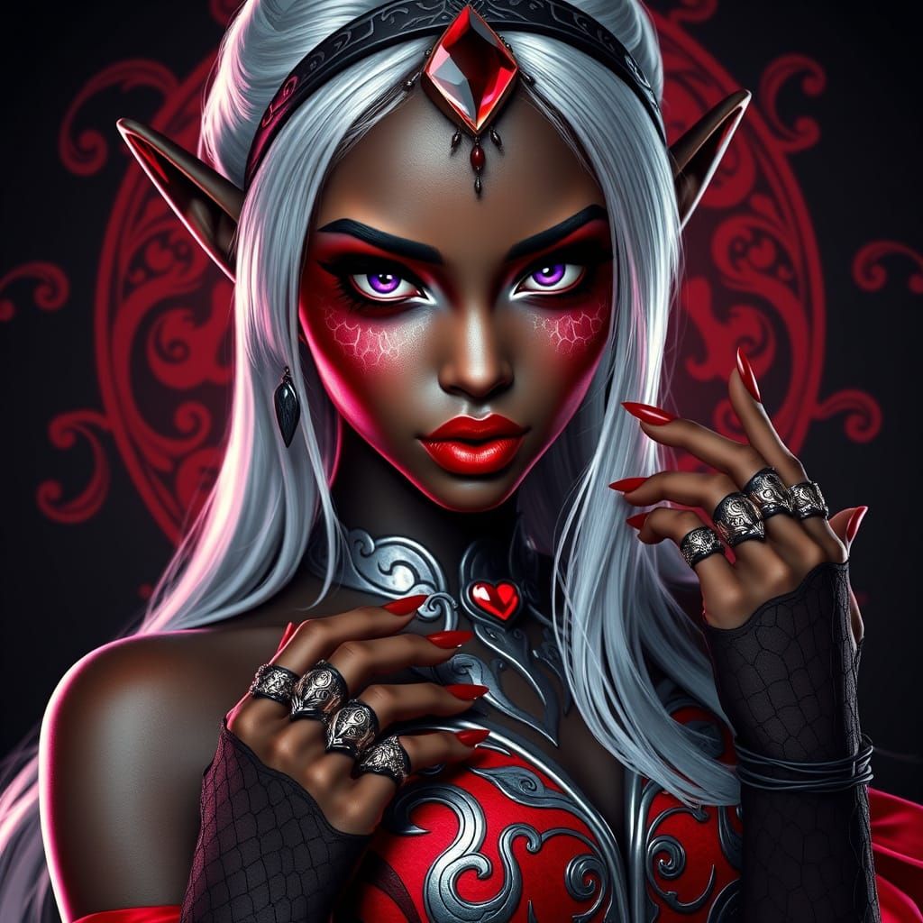 Drow Love Goddess - Ebony Elf Goddess in Sultry Red, Art Nou...