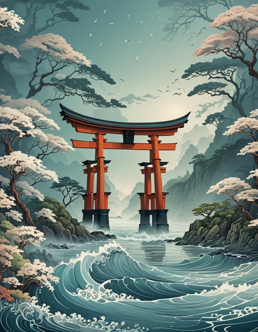japanese ocean misty torii-gate - AI Generated Artwork - NightCafe Creator