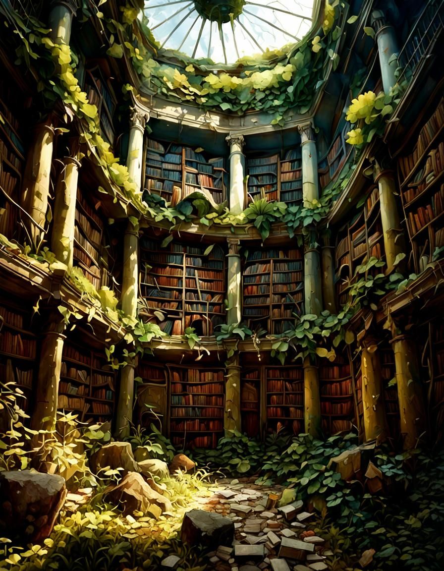 Ancient Overgrown Library - AI Generated Artwork - NightCafe Creator