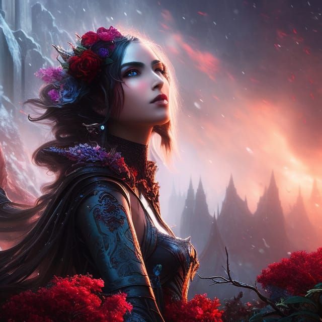 gothic ana de armas, snow beauty, red blue, windblowing long black hair ...