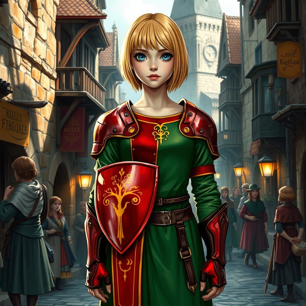 Medieval Woman in Green Tunic with Red Armor and Y... - AI Art