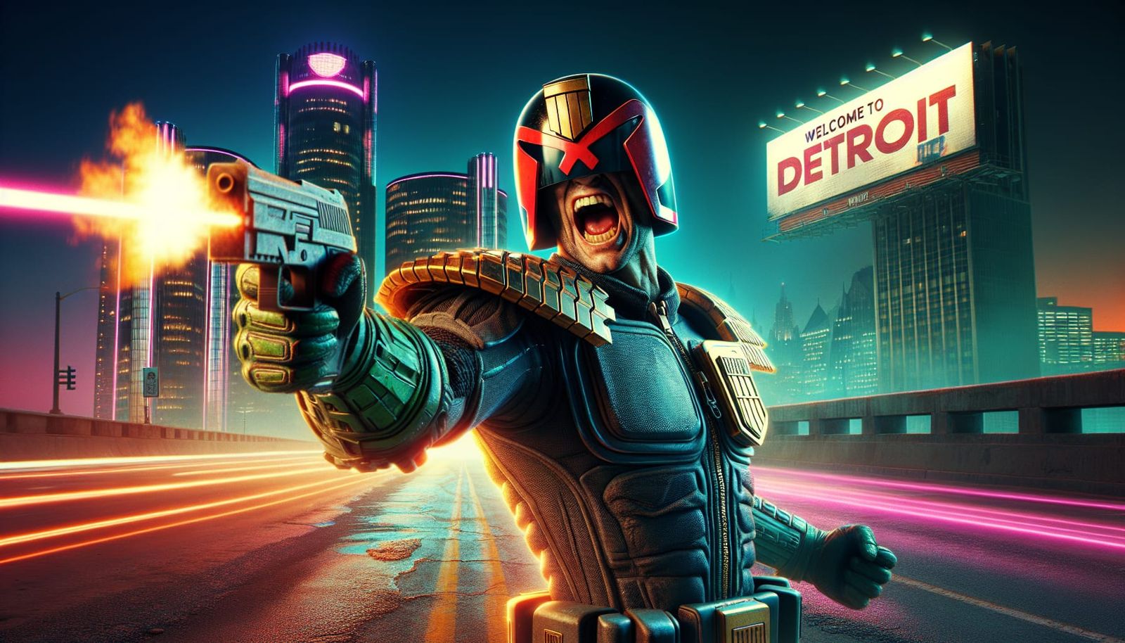 A super highly detailed snarling Judge Dredd in Detroit City highly ...