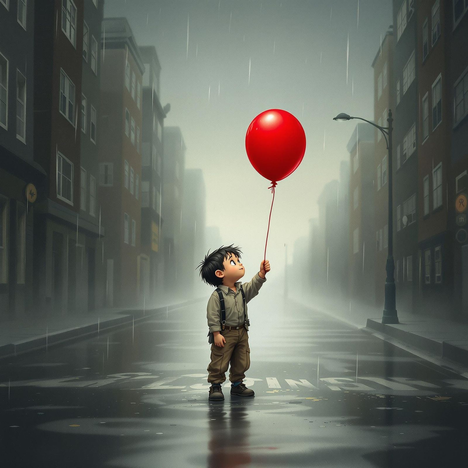 Surreal Boy Holds Red Balloon in Rainy City Street - AI Art