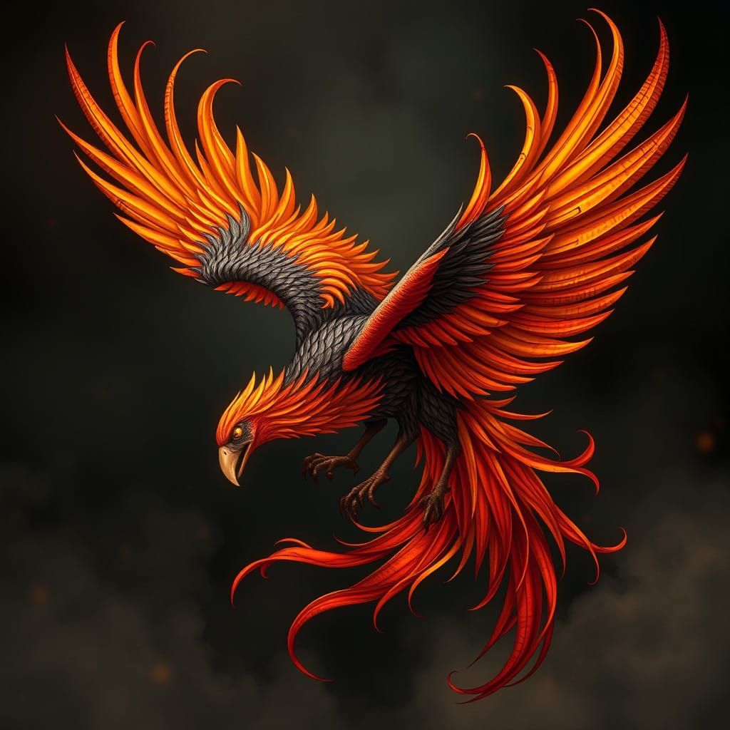 a hauntingly intricate phoenix. The bird is depicted mid-flight, its ...