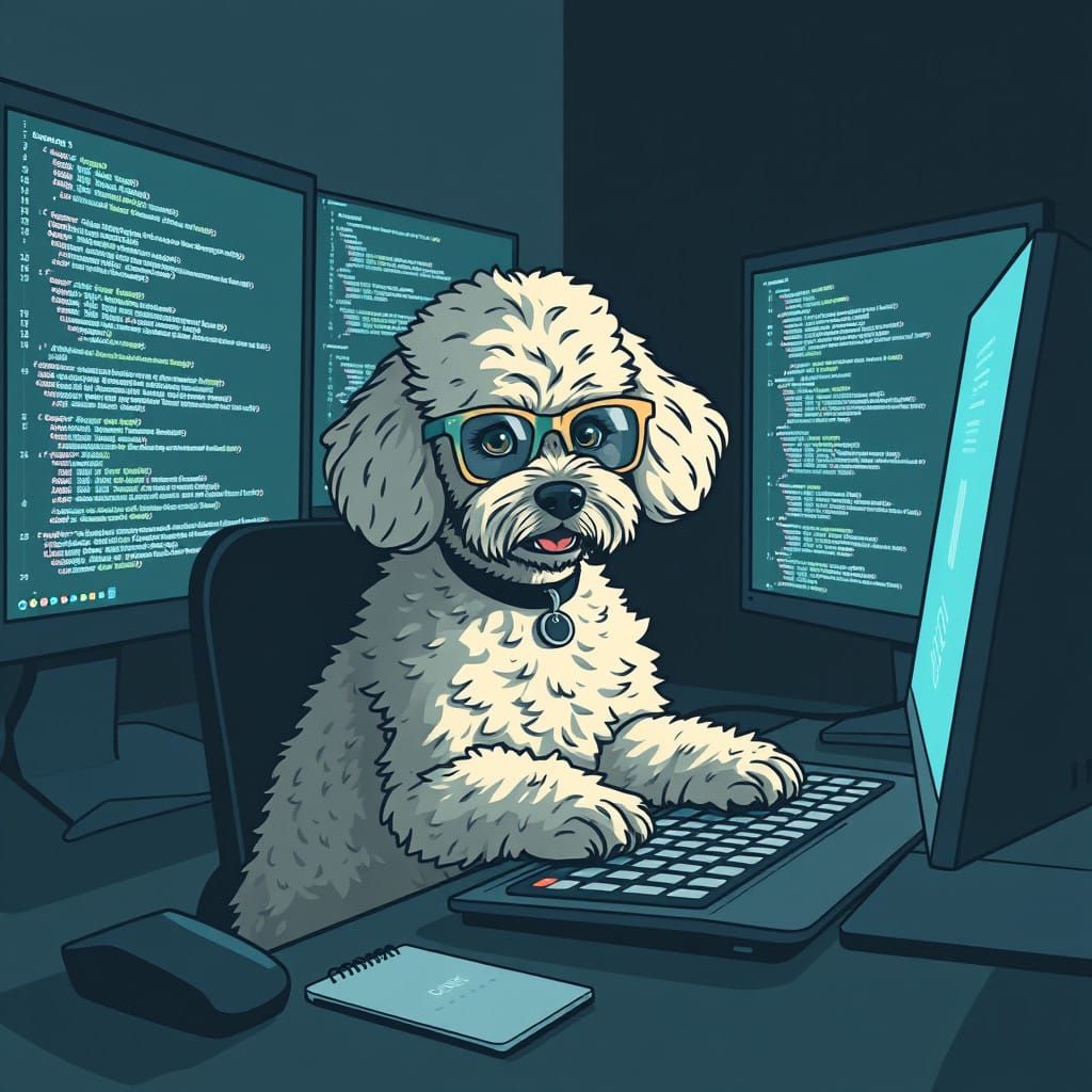Dogs who code - - Cyber Canine Programmer in Futuristic Min...
