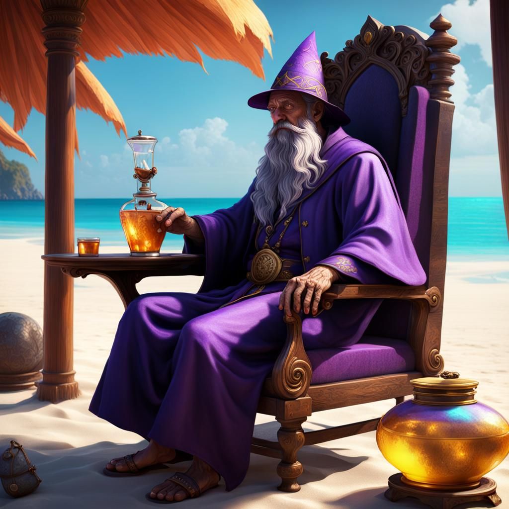 A wizard drinking potion, sitting on chaise longue, on Tropical beach ...