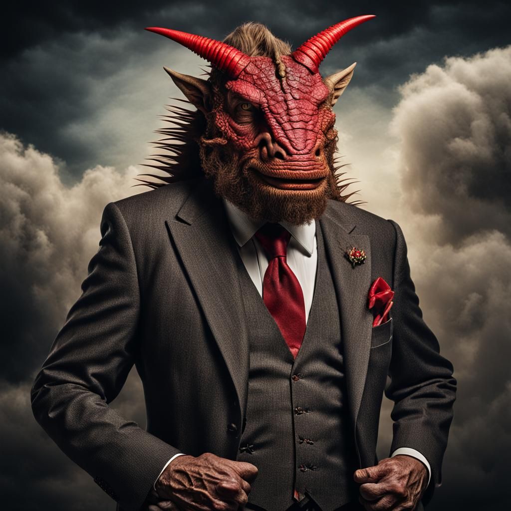 Old faded Gentlemen portrait, black scale lizard man with red spikes ...