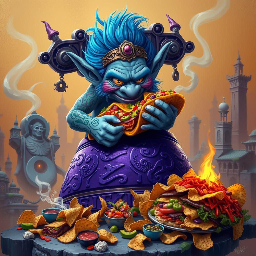 Lunch Break - Vibrant Troll Savoring a Giant Taco in a Drea...
