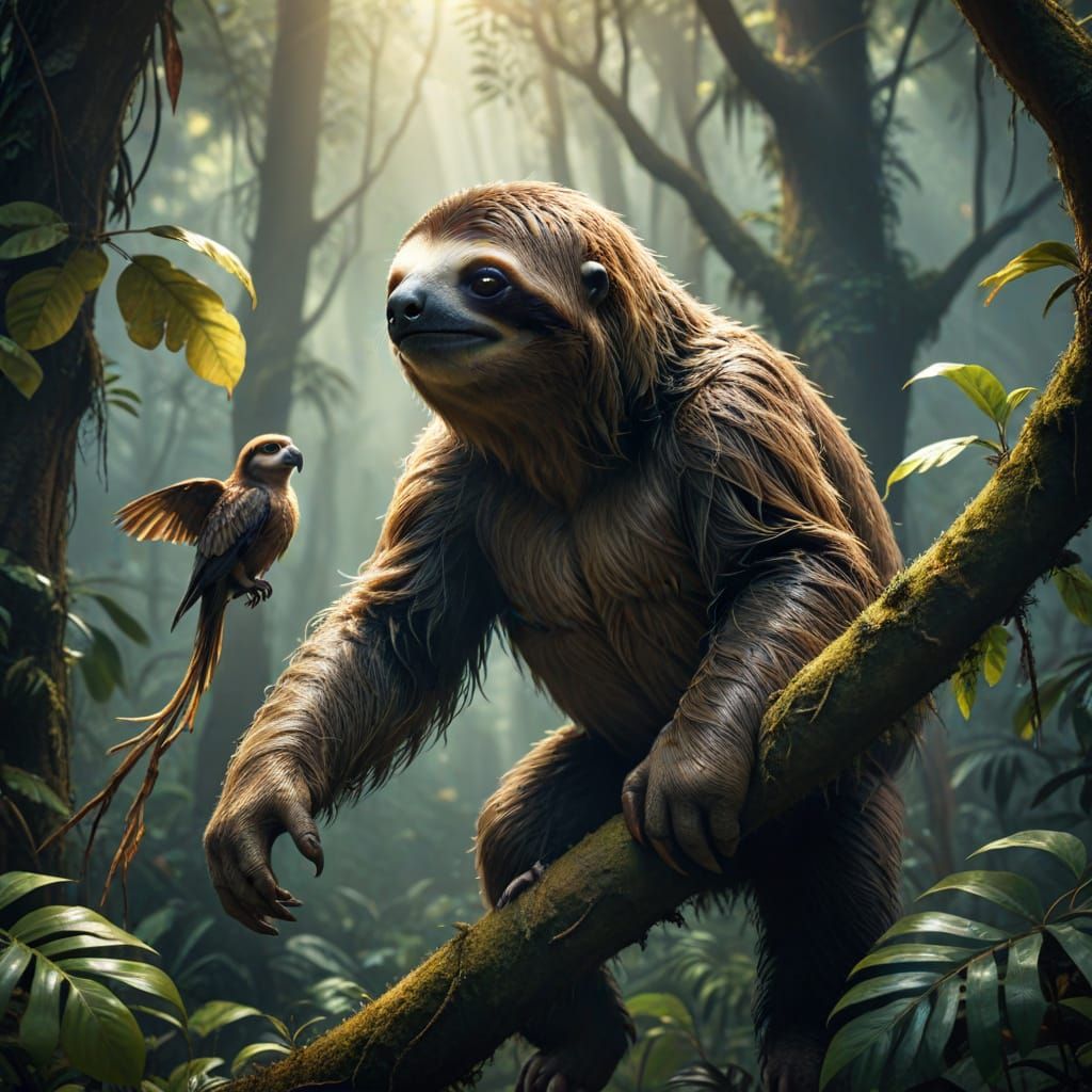 Sloth and Hawk Confrontation in Hyper-Realistic Ra... - AI Art