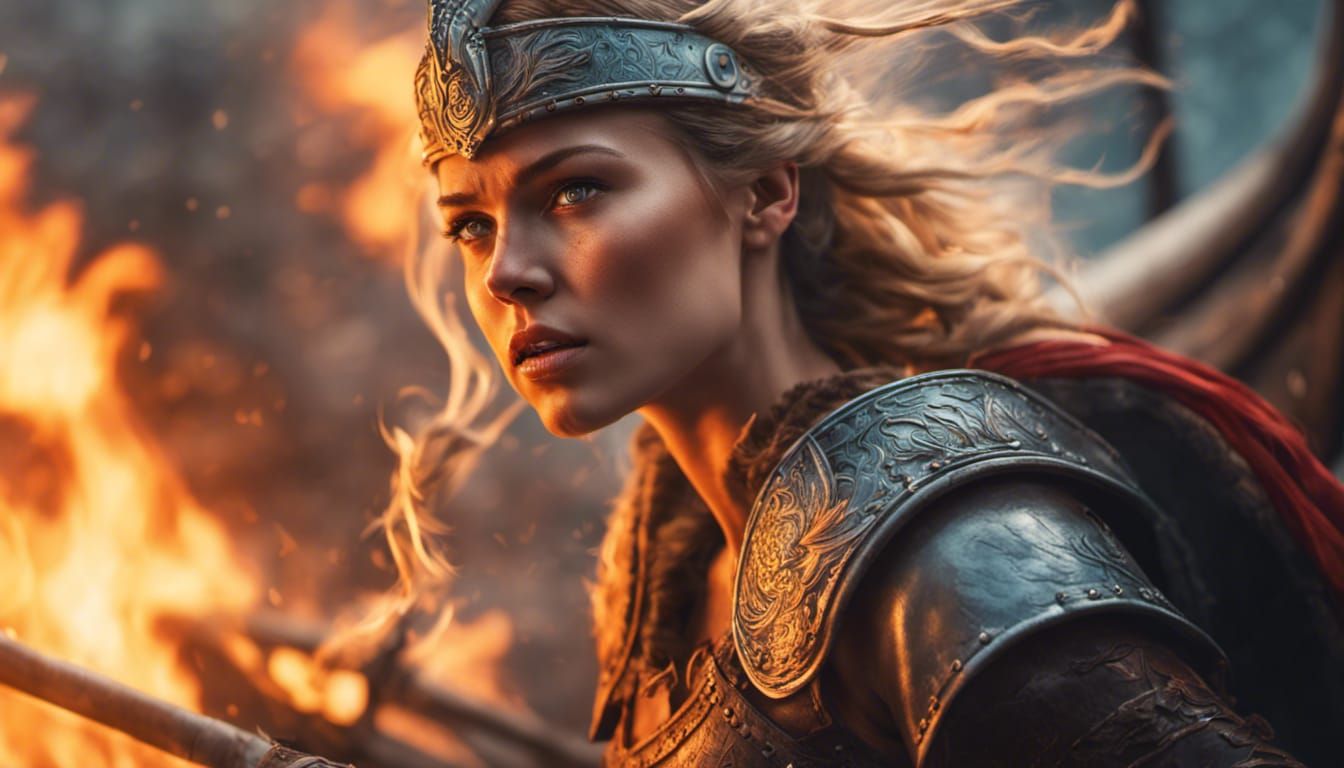 Beauty female Valkyrie, fighting to extinguish a fire on a Viking ...
