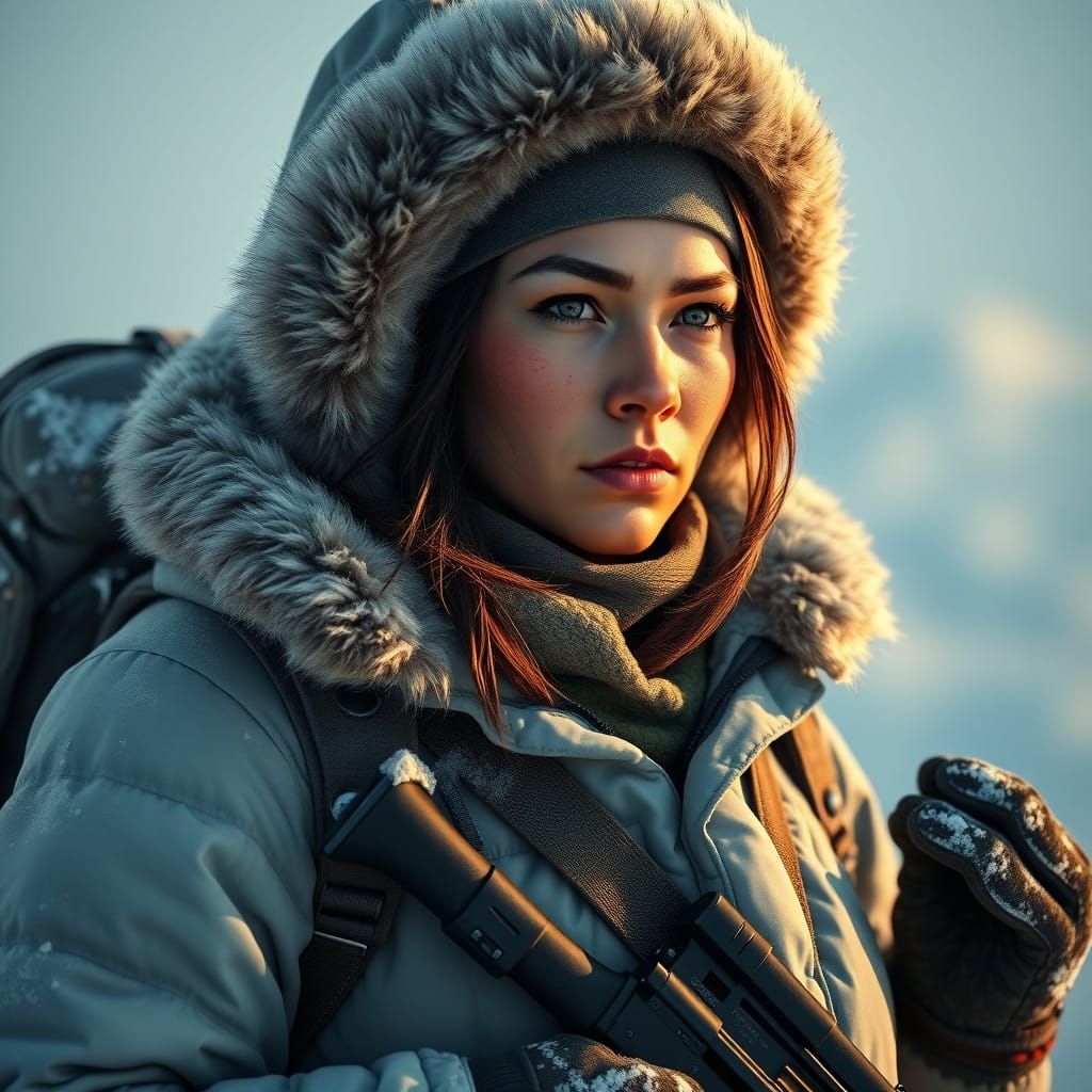 A stunning, hyperrealistic render of a beautiful Inuit woman walking ...