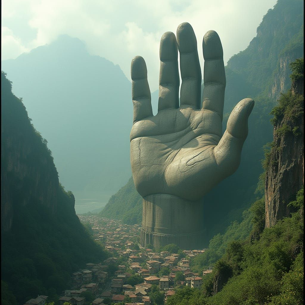 Majestic Concrete Giant Rises into the Clouds, Vil... - AI Art