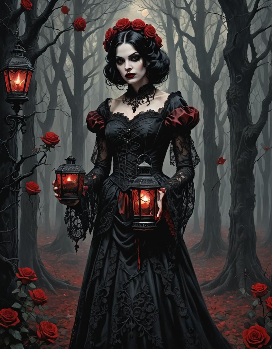 gothic vampire black hair red lips princess black lace holding gothic ...