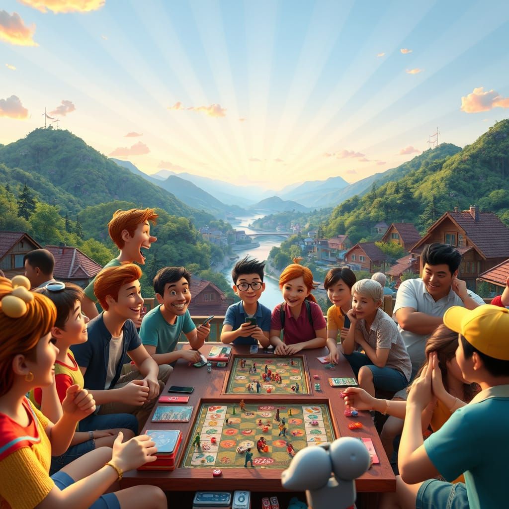 Joyful Board Game Gathering in a Vibrant Village - AI Art