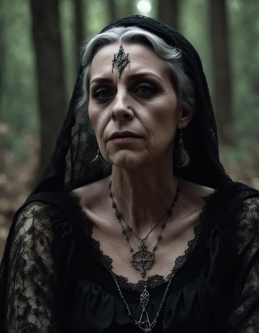 Extremely detailed cinematic film still photography of a PAGAN Gothic Mom Sitting in the Woods ...