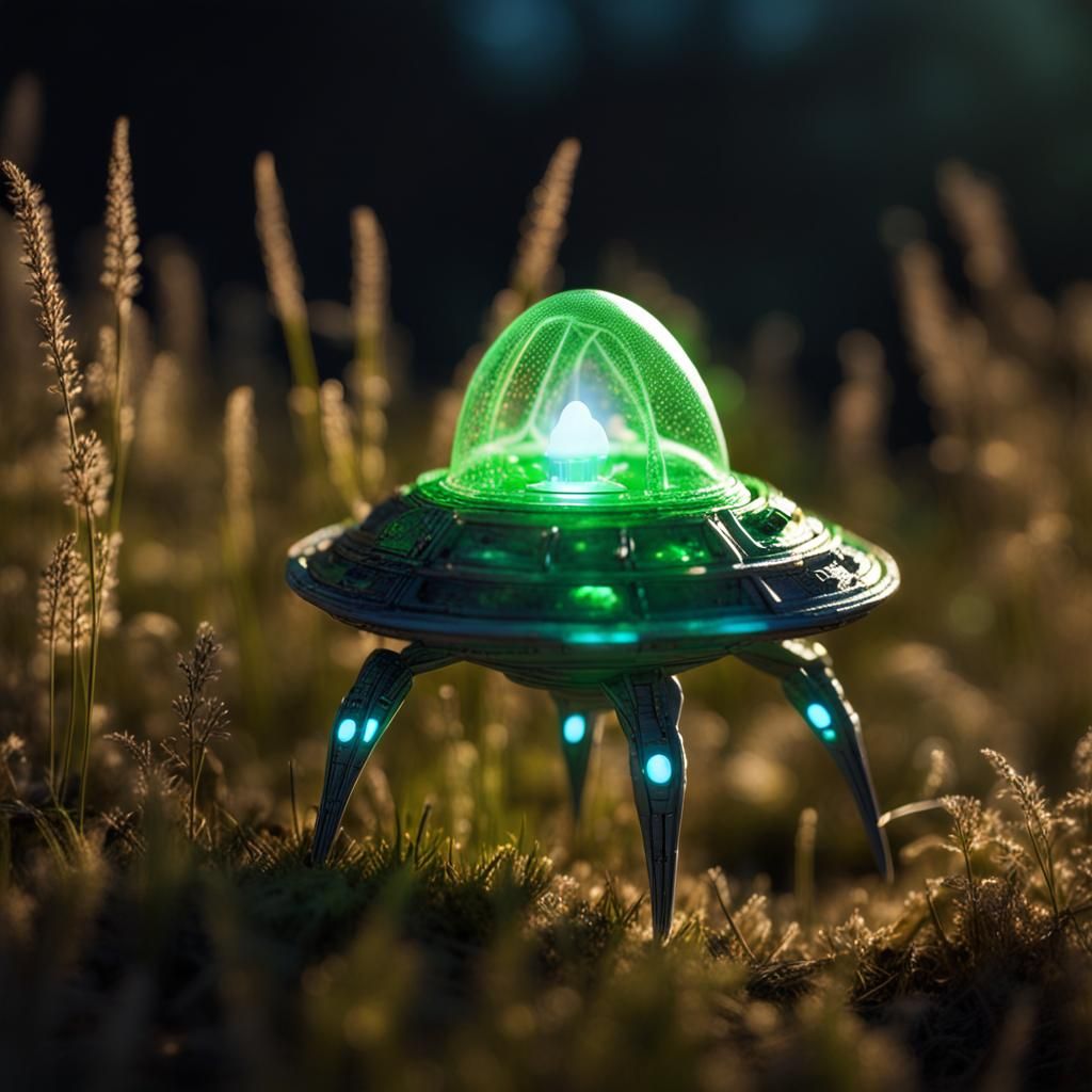Photograph, Macro, miniature glowing alien spaceship with alien in it ...